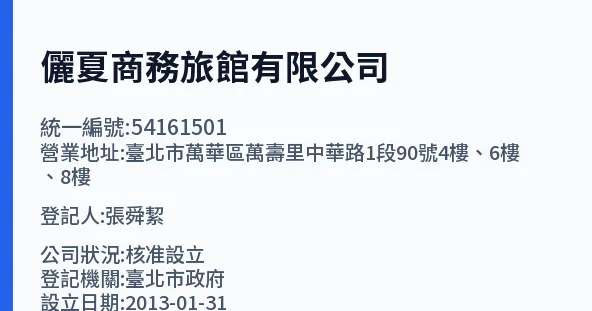 儷夏商務旅館有限公司的照片-統編 54161501(臺北市) 公司登記資料與營業項目詳細圖表
