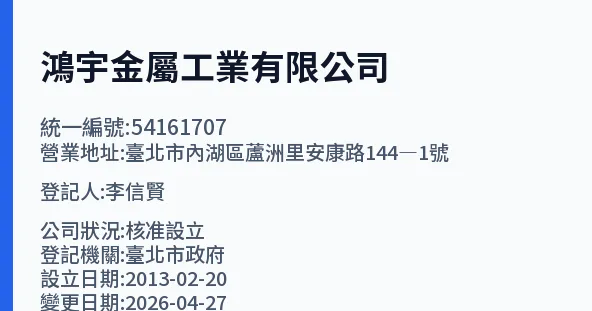 鴻宇金屬工業有限公司的照片-統編 54161707(臺北市) 公司登記資料與營業項目詳細圖表