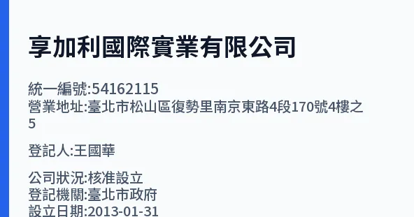 享加利國際實業有限公司的照片-統編 54162115(臺北市) 公司登記資料與營業項目詳細圖表
