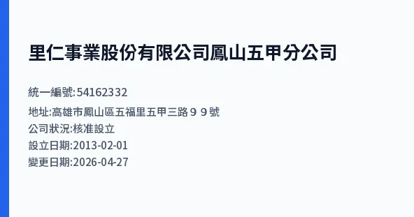 里仁事業股份有限公司鳳山五甲分公司的照片-統編 54162332(高雄市) 公司登記資料與營業項目詳細圖表