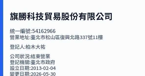 旗勝科技貿易股份有限公司的照片-統編 54162966(臺北市) 公司登記資料與營業項目詳細圖表