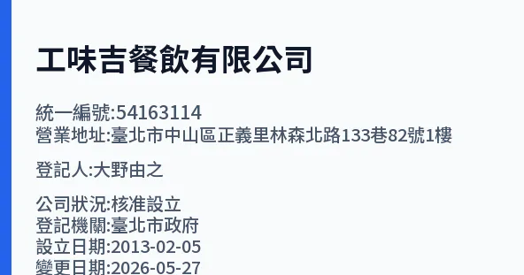 工味吉餐飲有限公司的照片-統編 54163114(臺北市) 公司登記資料與營業項目詳細圖表