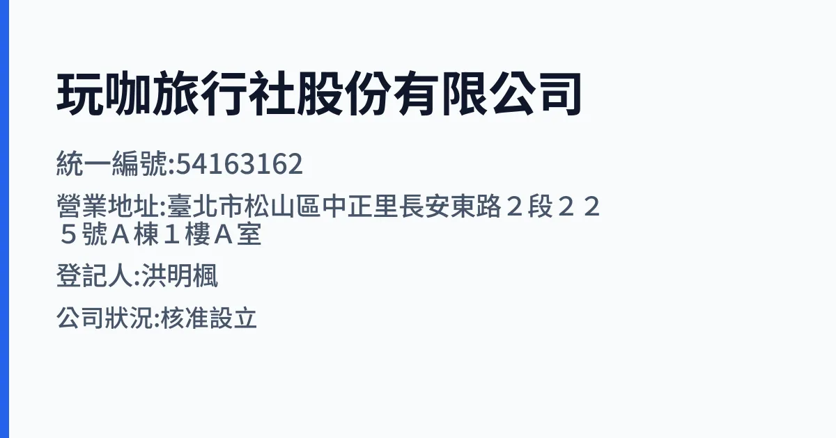玩咖旅行社股份有限公司 - 統編 54163162(臺北市) 公司登記資料與營業項目詳細圖表
