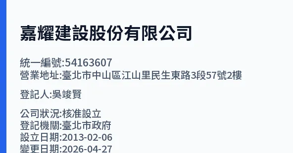 嘉耀建設股份有限公司的照片-統編 54163607(臺北市) 公司登記資料與營業項目詳細圖表