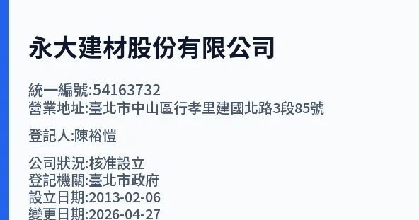 永大建材股份有限公司的照片-統編 54163732(臺北市) 公司登記資料與營業項目詳細圖表