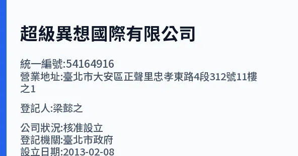 超級異想國際有限公司的照片-統編 54164916(臺北市) 公司登記資料與營業項目詳細圖表