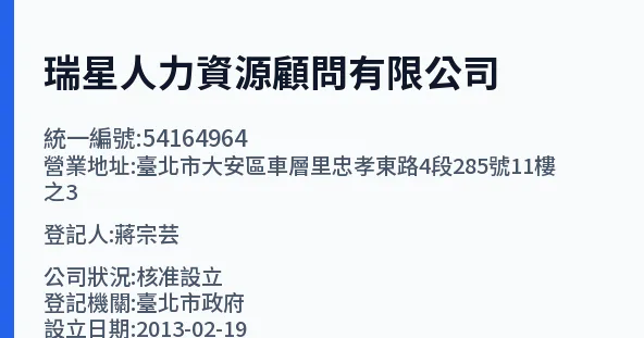 瑞星人力資源顧問有限公司的照片-統編 54164964(臺北市) 公司登記資料與營業項目詳細圖表