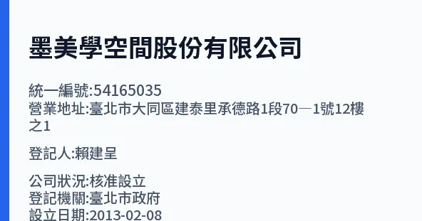墨美學空間股份有限公司的照片-統編 54165035(臺北市) 公司登記資料與營業項目詳細圖表