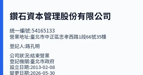 鑽石資本管理股份有限公司的照片-統編 54165133(臺北市) 公司登記資料與營業項目詳細圖表