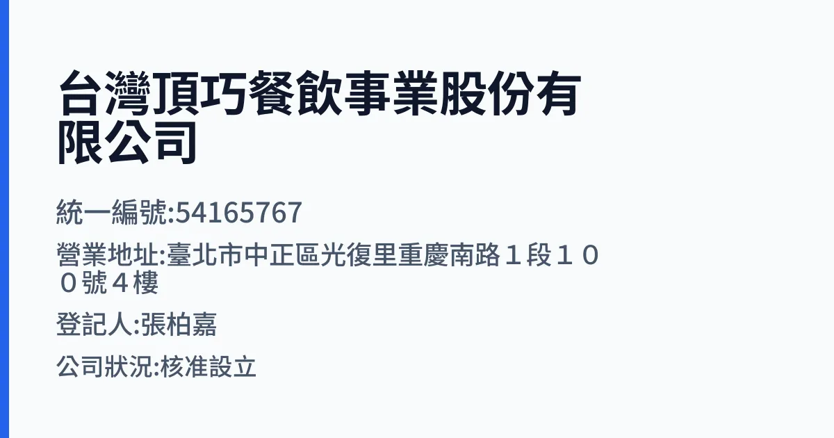 台灣頂巧餐飲事業股份有限公司 - 統編 54165767(臺北市) 公司登記資料與營業項目詳細圖表