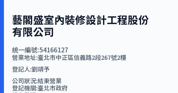 藝閣盛室內裝修設計工程股份有限公司的照片-統編 54166127(臺北市) 公司登記資料與營業項目詳細圖表