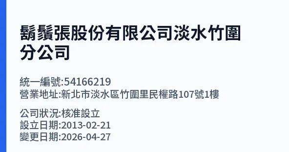 鬍鬚張股份有限公司淡水竹圍分公司的照片-統編 54166219(新北市) 公司登記資料與營業項目詳細圖表