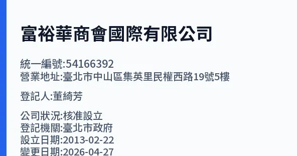 富裕華商會國際有限公司的照片-統編 54166392(臺北市) 公司登記資料與營業項目詳細圖表
