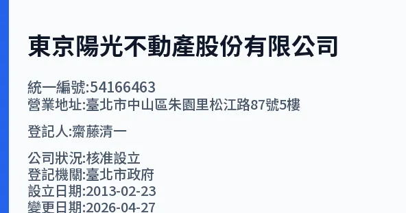 東京陽光不動產股份有限公司的照片-統編 54166463(臺北市) 公司登記資料與營業項目詳細圖表