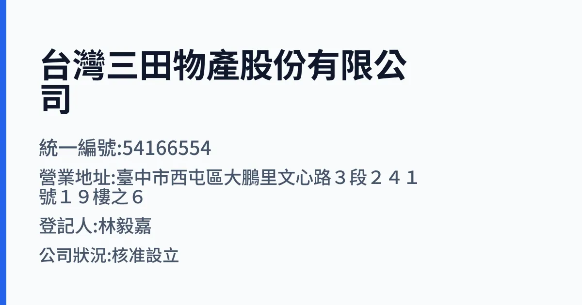 台灣三田物產股份有限公司 - 統編 54166554(臺中市) 公司登記資料與營業項目詳細圖表