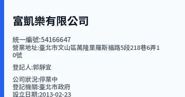 富凱樂有限公司的照片-統編 54166647(臺北市) 公司登記資料與營業項目詳細圖表