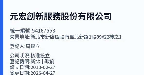 元宏創新服務股份有限公司的照片-統編 54167553(新北市) 公司登記資料與營業項目詳細圖表
