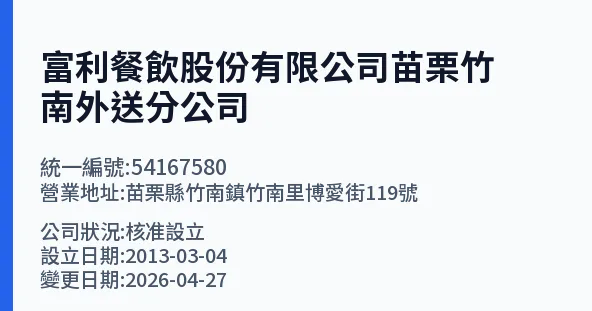 富利餐飲股份有限公司苗栗竹南外送分公司的照片-統編 54167580(苗栗縣) 公司登記資料與營業項目詳細圖表