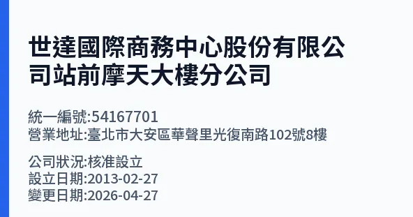 世達國際商務中心股份有限公司站前摩天大樓分公司的照片-統編 54167701(臺北市) 公司登記資料與營業項目詳細圖表