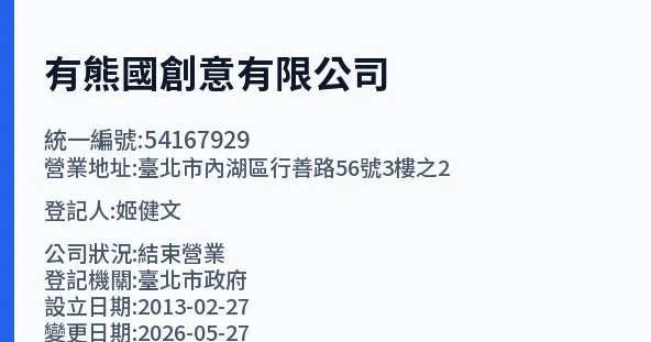有熊國創意有限公司的照片-統編 54167929(臺北市) 公司登記資料與營業項目詳細圖表