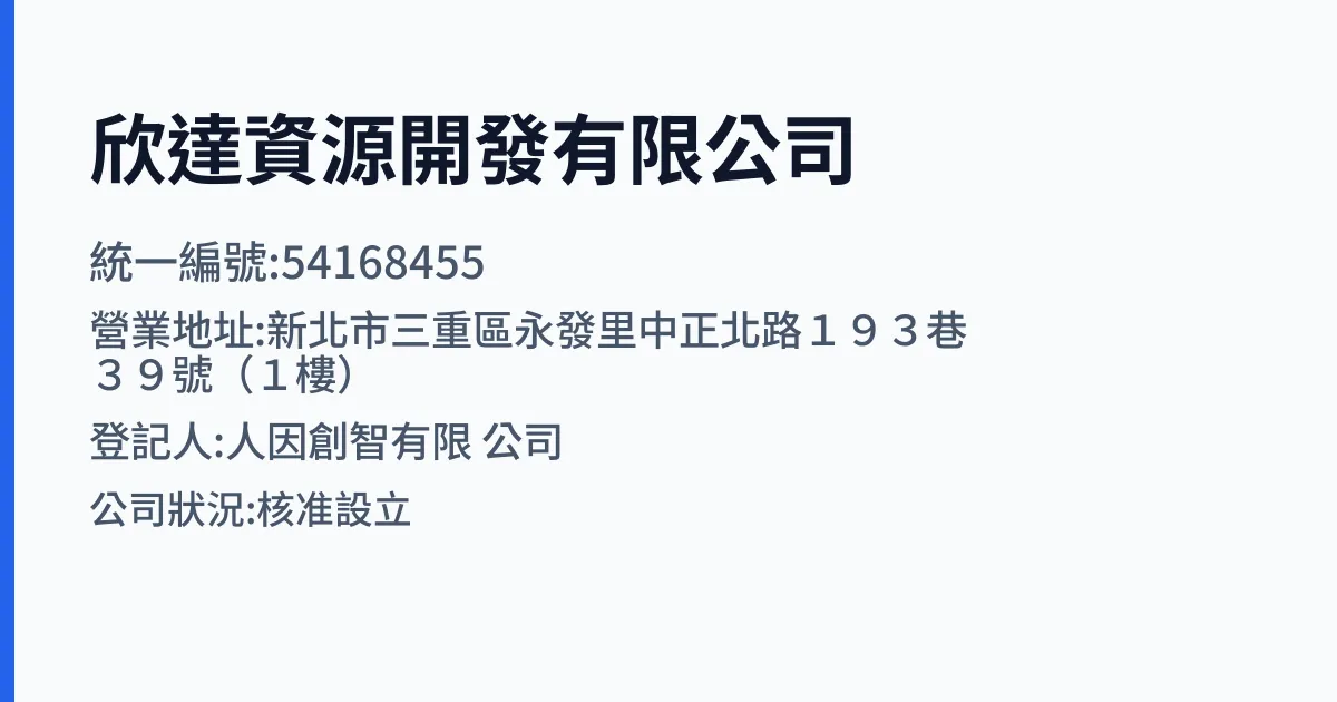欣達資源開發有限公司 - 統編 54168455(新北市) 公司登記資料與營業項目詳細圖表