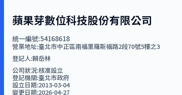 蘋果芽數位科技股份有限公司的照片-統編 54168618(臺北市) 公司登記資料與營業項目詳細圖表