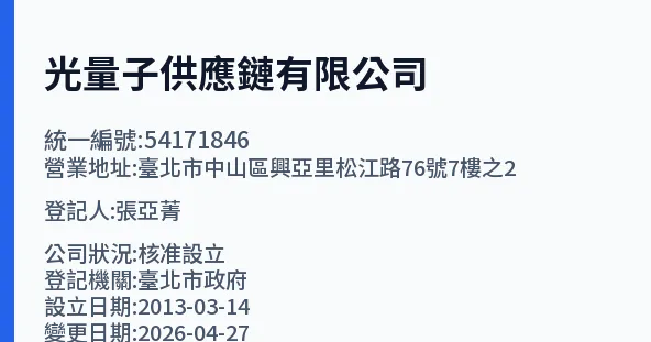 光量子供應鏈有限公司的照片-統編 54171846(臺北市) 公司登記資料與營業項目詳細圖表