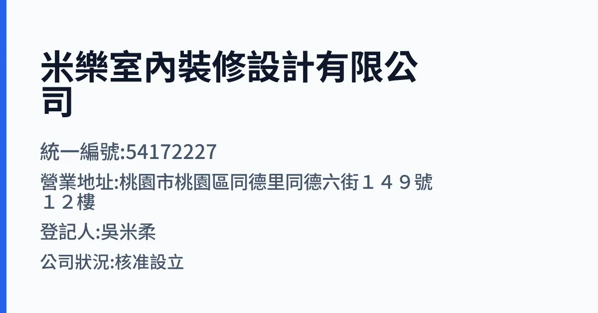 米樂室內裝修設計有限公司 - 統編 54172227（桃園市） 公司登記資料與營業項目詳細圖表