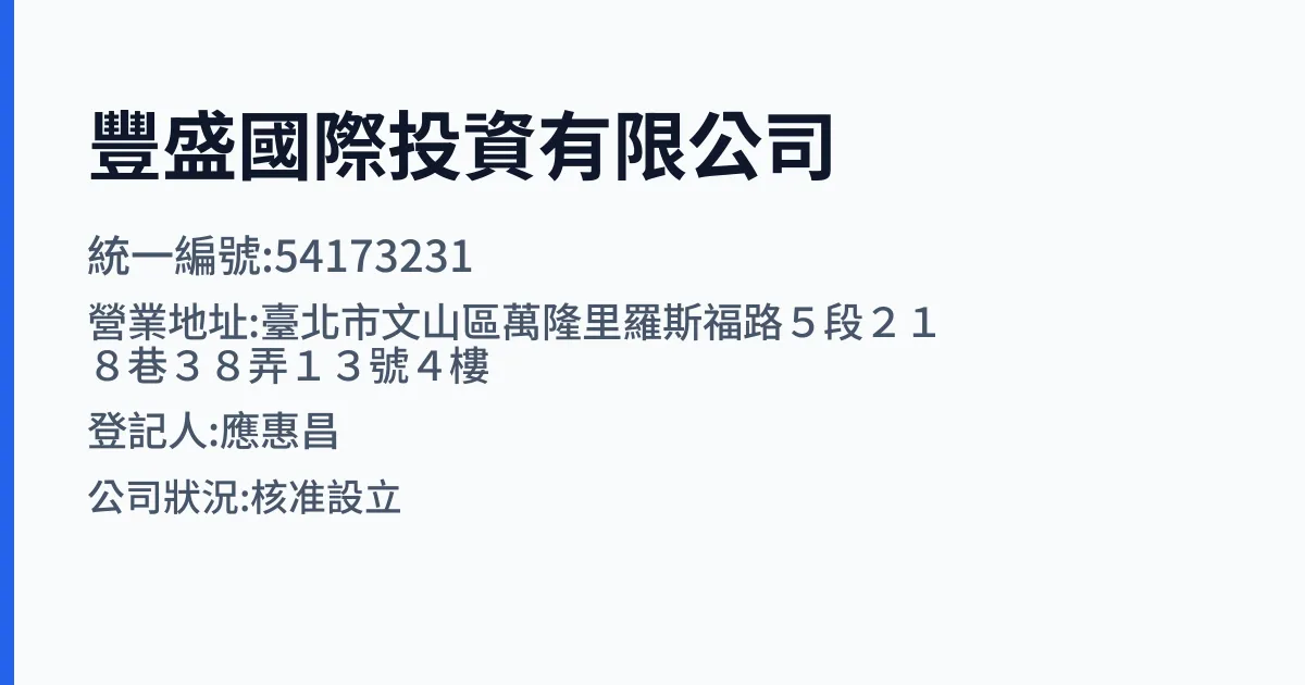 豐盛國際投資有限公司 - 統編 54173231（臺北市） 公司登記資料與營業項目詳細圖表