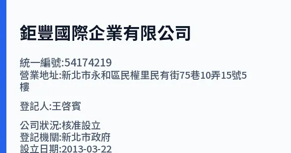 鉅豐國際企業有限公司的照片-統編 54174219(新北市) 公司登記資料與營業項目詳細圖表