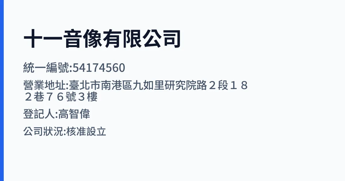 十一音像有限公司 - 統編 54174560(臺北市) 公司登記資料與營業項目詳細圖表