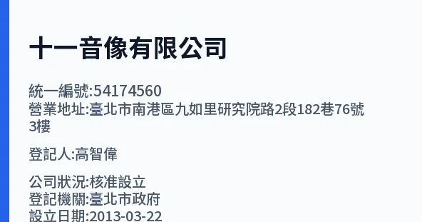 十一音像有限公司的照片-統編 54174560(臺北市) 公司登記資料與營業項目詳細圖表
