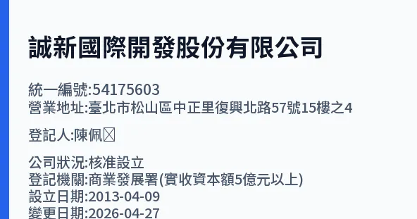 誠新國際開發股份有限公司的照片-統編 54175603(臺北市) 公司登記資料與營業項目詳細圖表