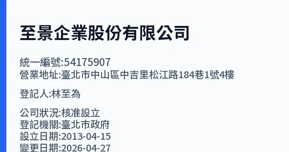至景企業股份有限公司的照片-統編 54175907(臺北市) 公司登記資料與營業項目詳細圖表