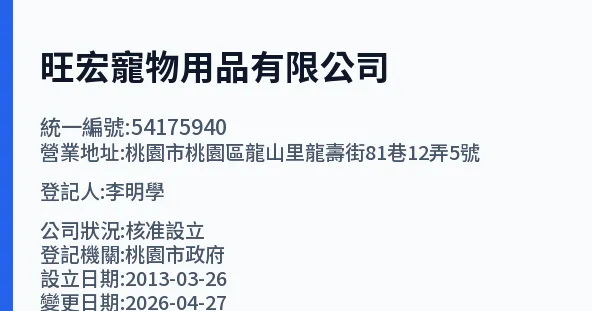 旺宏寵物用品有限公司的照片-統編 54175940(桃園市) 公司登記資料與營業項目詳細圖表