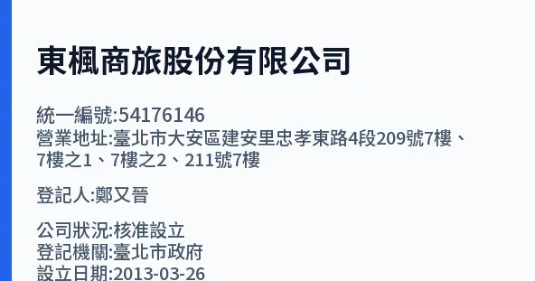 東楓商旅股份有限公司的照片-統編 54176146(臺北市) 公司登記資料與營業項目詳細圖表