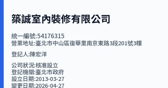 築誠室內裝修有限公司的照片-統編 54176315(臺北市) 公司登記資料與營業項目詳細圖表