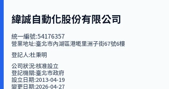 緯誠自動化股份有限公司的照片-統編 54176357(臺北市) 公司登記資料與營業項目詳細圖表
