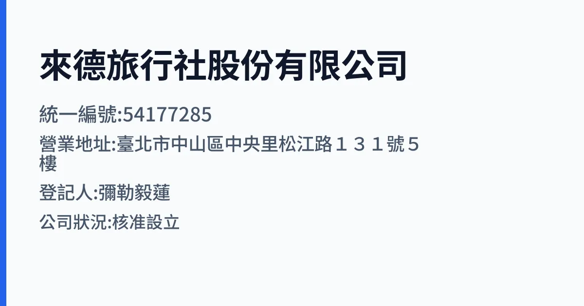 來德旅行社股份有限公司 - 統編 54177285(臺北市) 公司登記資料與營業項目詳細圖表