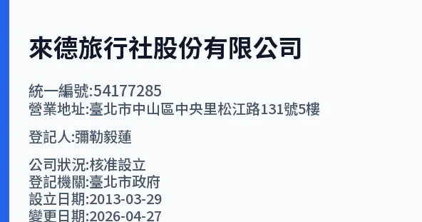 來德旅行社股份有限公司的照片-統編 54177285(臺北市) 公司登記資料與營業項目詳細圖表