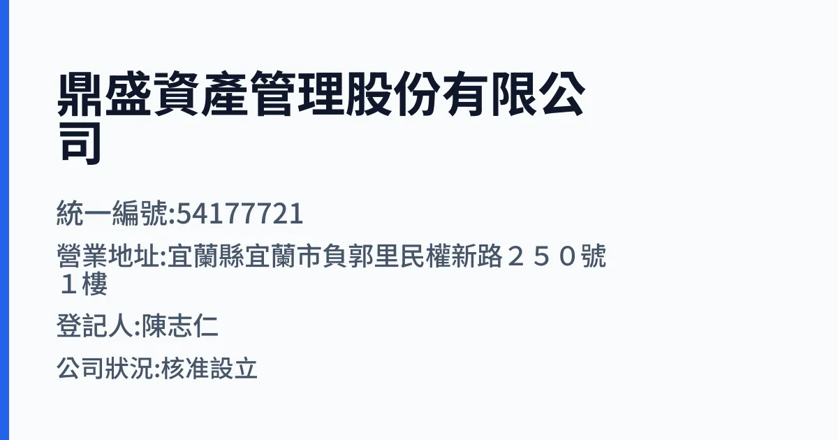 鼎盛資產管理股份有限公司 - 統編 54177721(宜蘭縣) 公司登記資料與營業項目詳細圖表