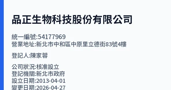 品正生物科技股份有限公司的照片-統編 54177969(新北市) 公司登記資料與營業項目詳細圖表
