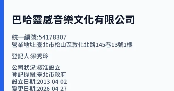 巴哈靈感音樂文化有限公司的照片-統編 54178307(臺北市) 公司登記資料與營業項目詳細圖表