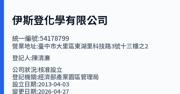 伊斯登化學有限公司的照片-統編 54178799(臺中市) 公司登記資料與營業項目詳細圖表