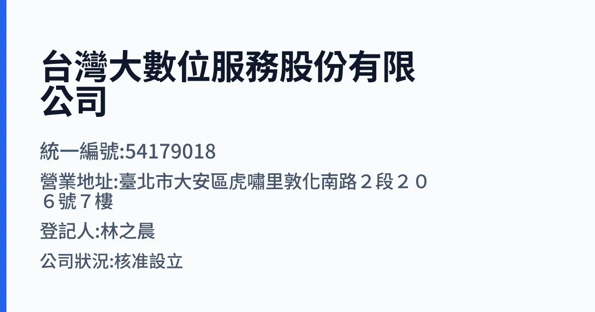 台灣大數位服務股份有限公司 - 統編 54179018(臺北市) 公司登記資料與營業項目詳細圖表