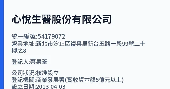 心悅生醫股份有限公司的照片-統編 54179072(新北市) 公司登記資料與營業項目詳細圖表