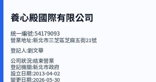 養心殿國際有限公司的照片-統編 54179093(新北市) 公司登記資料與營業項目詳細圖表