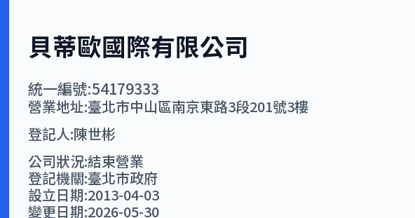 貝蒂歐國際有限公司的照片-統編 54179333(臺北市) 公司登記資料與營業項目詳細圖表