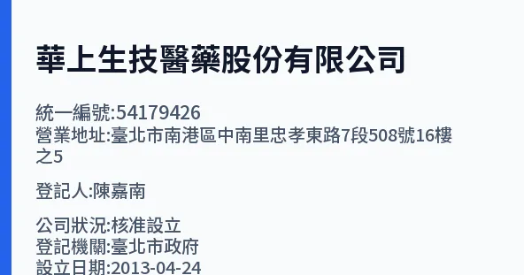 華上生技醫藥股份有限公司的照片-統編 54179426(臺北市) 公司登記資料與營業項目詳細圖表