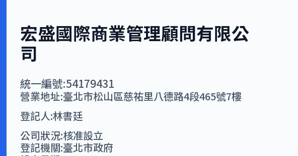 宏盛國際商業管理顧問有限公司的照片-統編 54179431(臺北市) 公司登記資料與營業項目詳細圖表